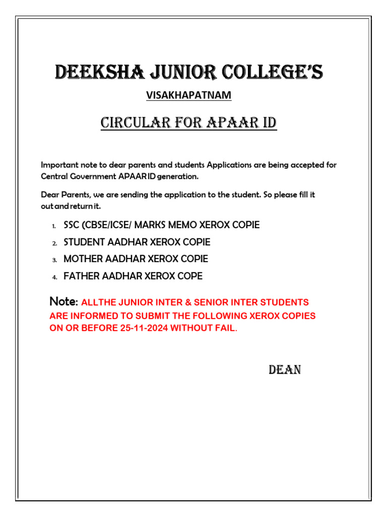 Circular For APAAR ID | PDF