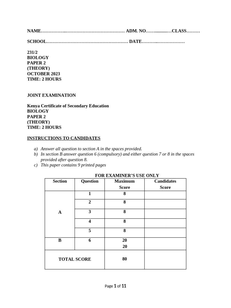 Form 3 2023 End T3 Biology PP2 QS - Teacher - Co - .Ke - Set - A | PDF ...