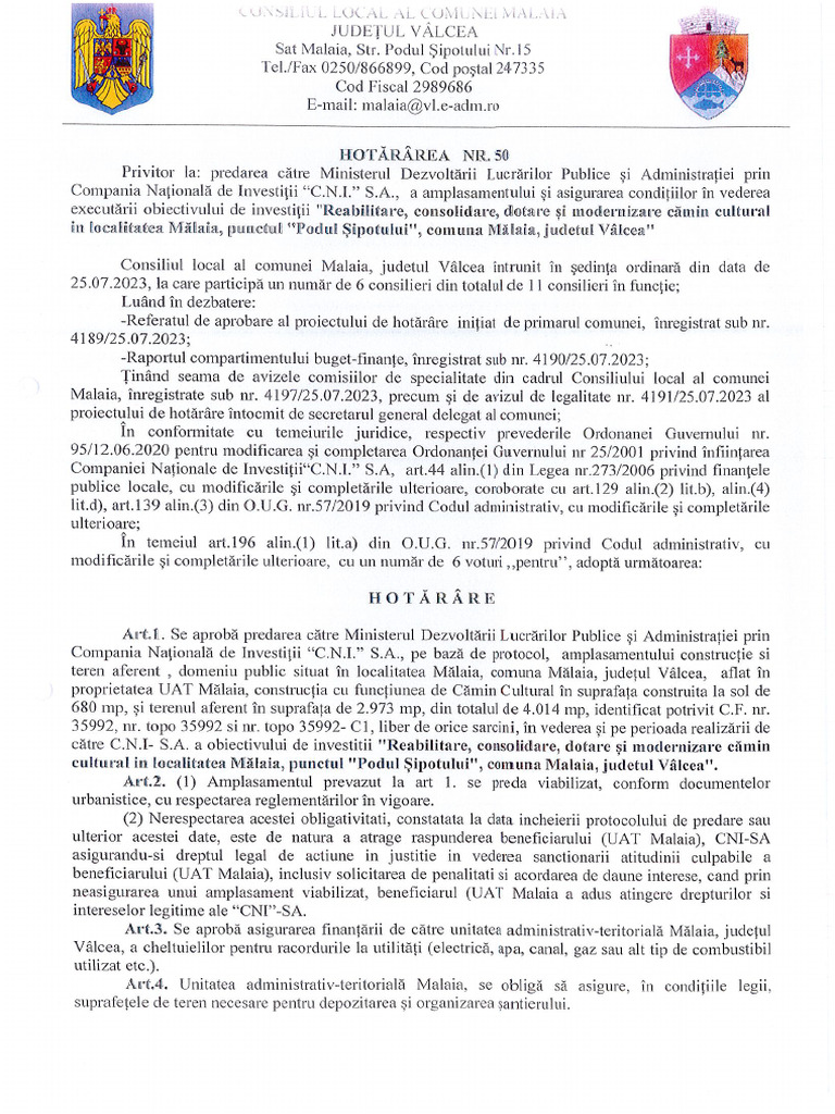 HCL nr.50 Din 25.07.2023 Predare Amplasament | PDF