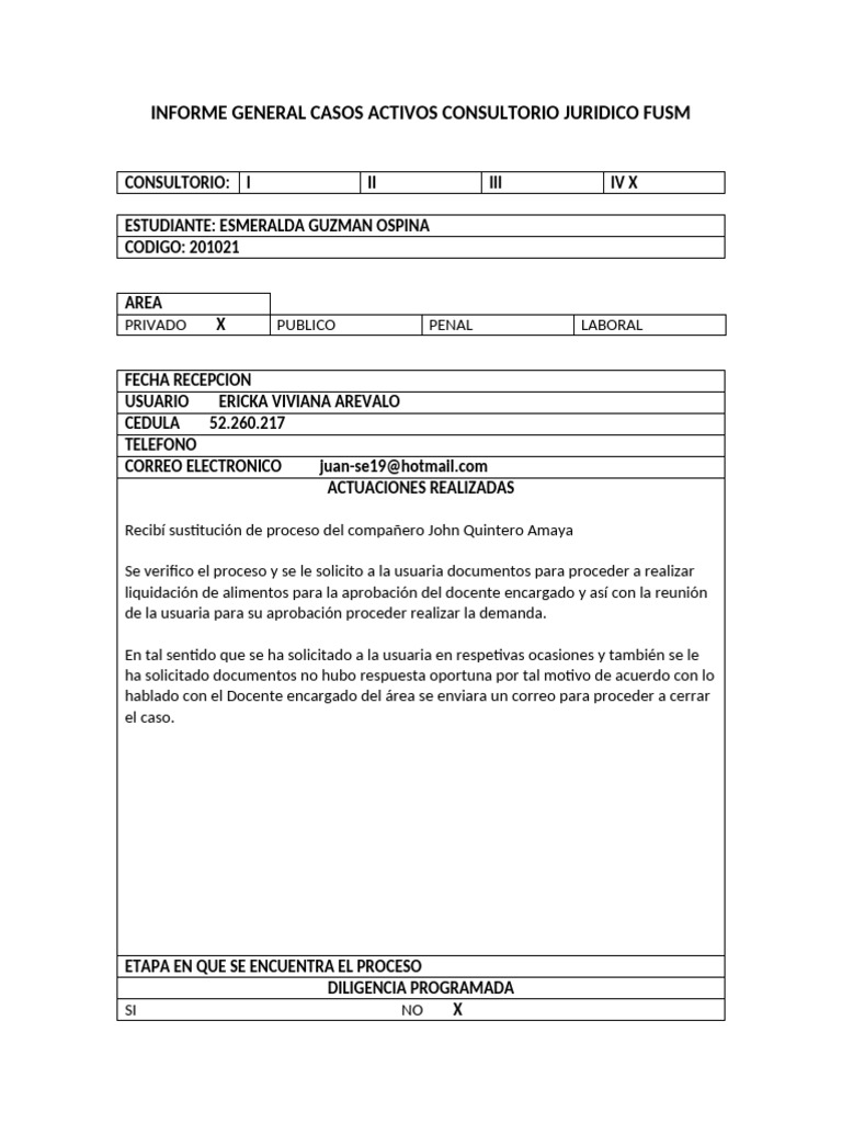 Formato Informe Ericka Viviana Arevalo | PDF