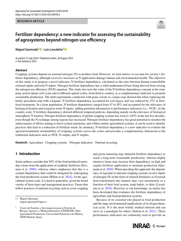 Fertilizer Dependency: A New Indicator For Assessing The Sustainability ... Fertilizer Dependency: A New Indicator For Assessing The Sustainability ...