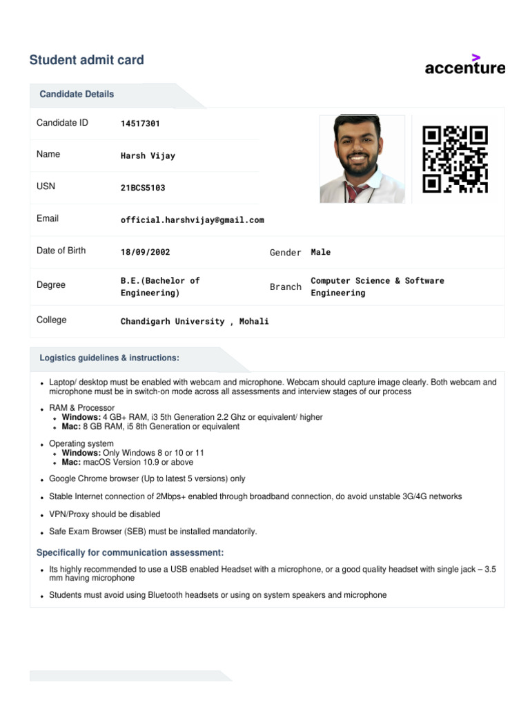 Accenture Student Admit Card Guidelines | PDF | Privacy | Employment