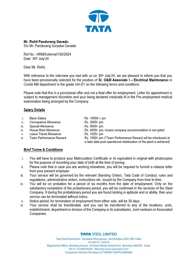 Mr. Rohit Pandurang Gavade - TSL Offer | PDF | Business