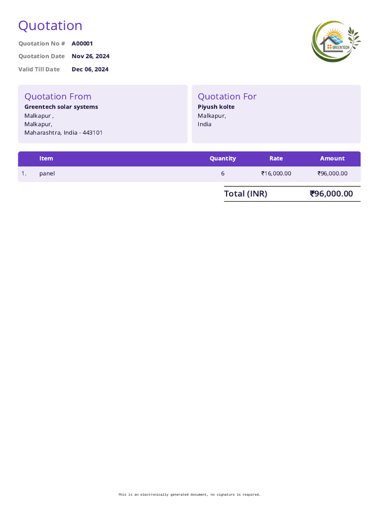 Quotation A00001 Greentech Solar Systems Piyush Kolte | PDF