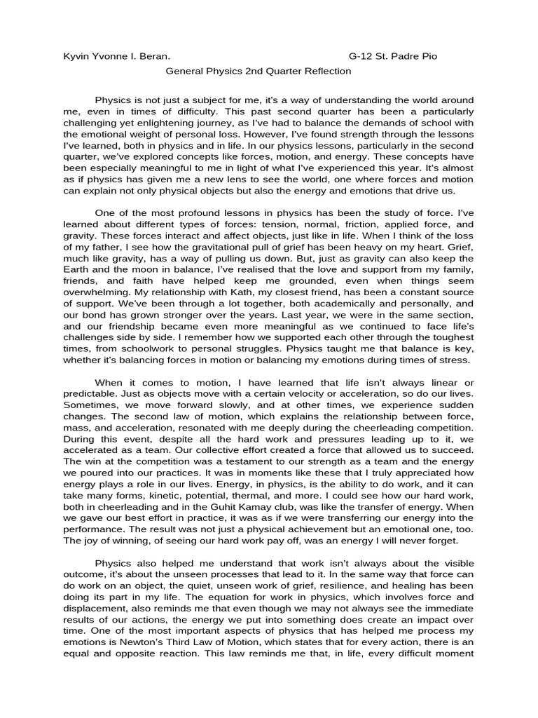Physics Reflection: Life Lessons | PDF | Force | Gravity