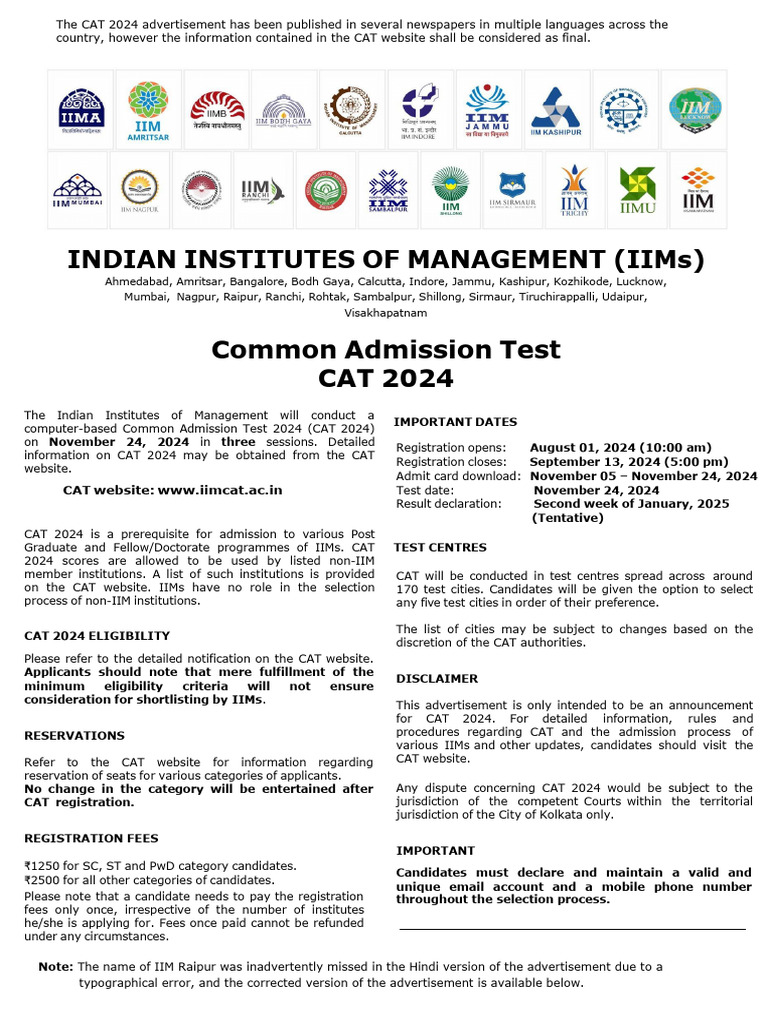 CAT 2024 Advertisement | PDF