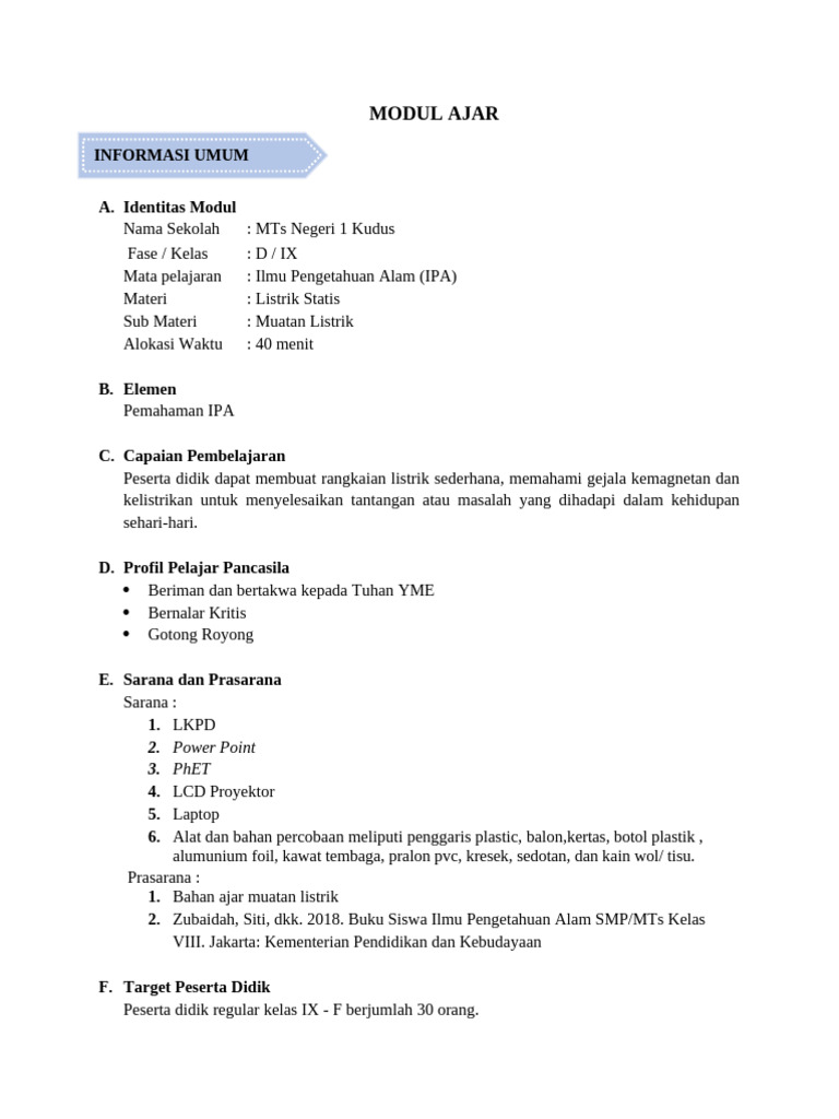 Modul Pembelajaran Listrik Statis IPA IX | PDF