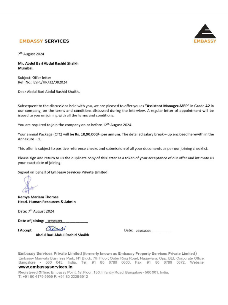 Abdul Bari Abdul Rashid Shaikh Acceptance Offer Letter | PDF