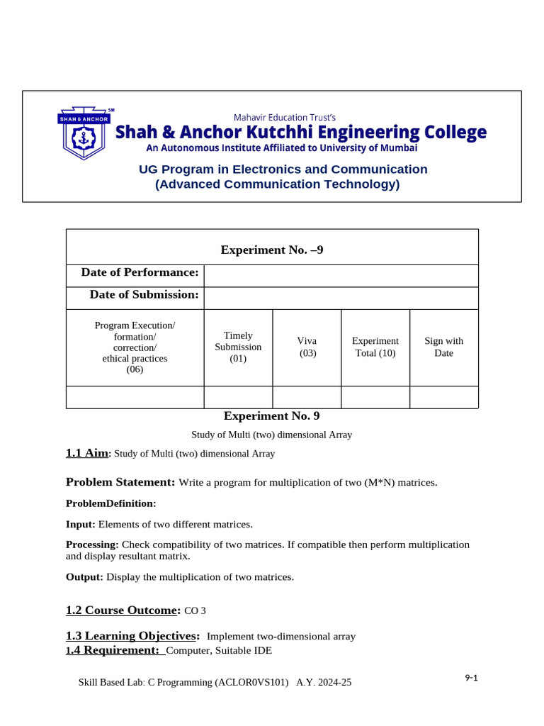 Exp9 | PDF | Matrix (Mathematics) | Computer Science