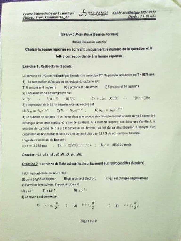 Devoir Et TD Atomistique | PDF