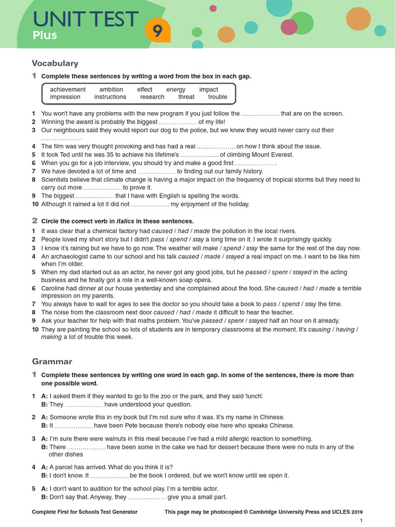 Complete First For Schools - Test Unit Test 9 (PLUS) | PDF