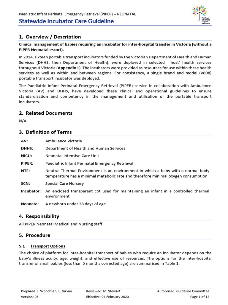 Statewide Incubator Care Guideline | PDF | Neonatal Intensive Care Unit ...