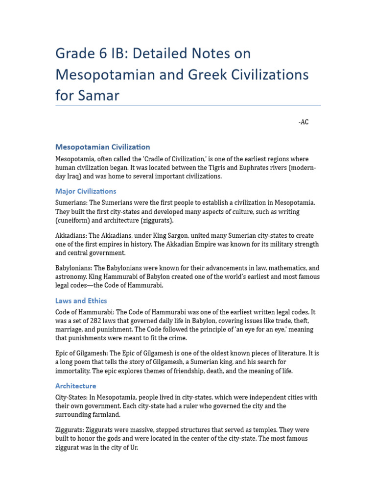 Grade 6 IB Mesopotamian and Greek Civilizations Notes | PDF ...