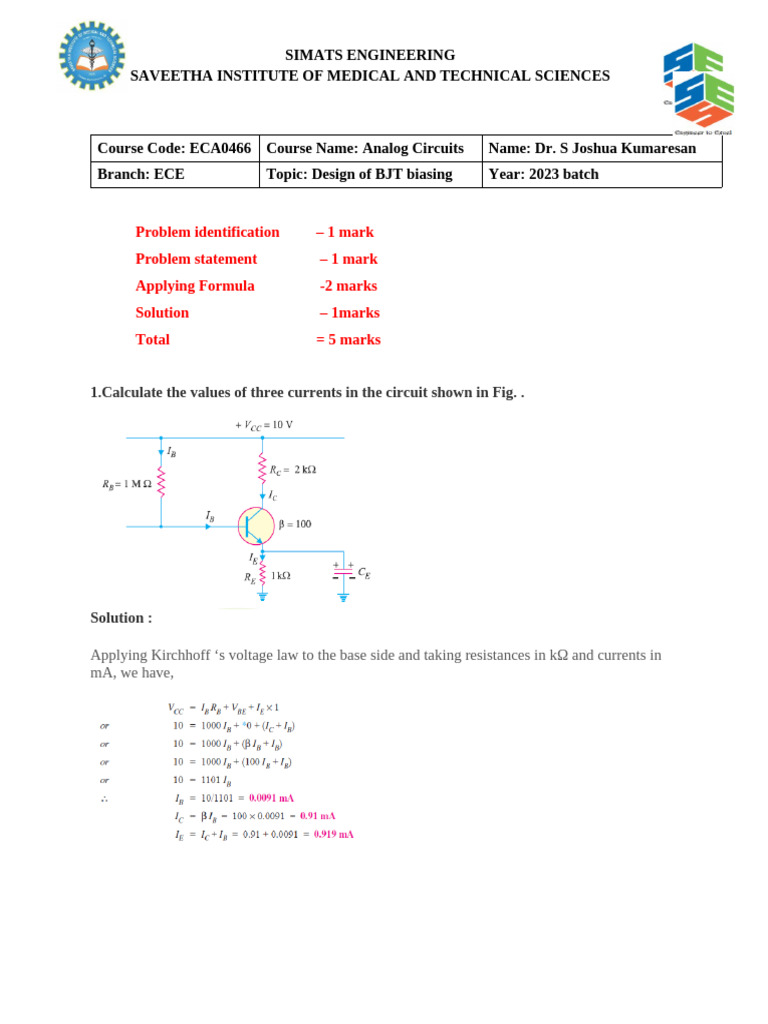 Analog Circuits Unit 1 Problems With Solution | PDF | Electronic Circuits | Manufactured Goods