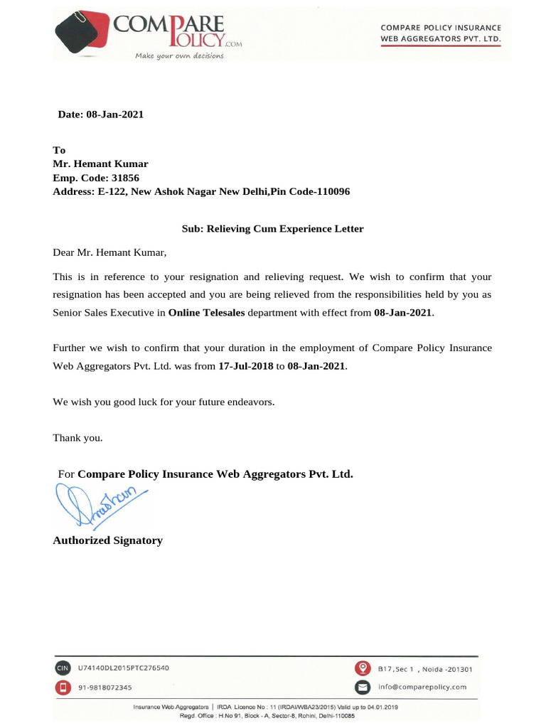 Hemant Reliving Letter | PDF