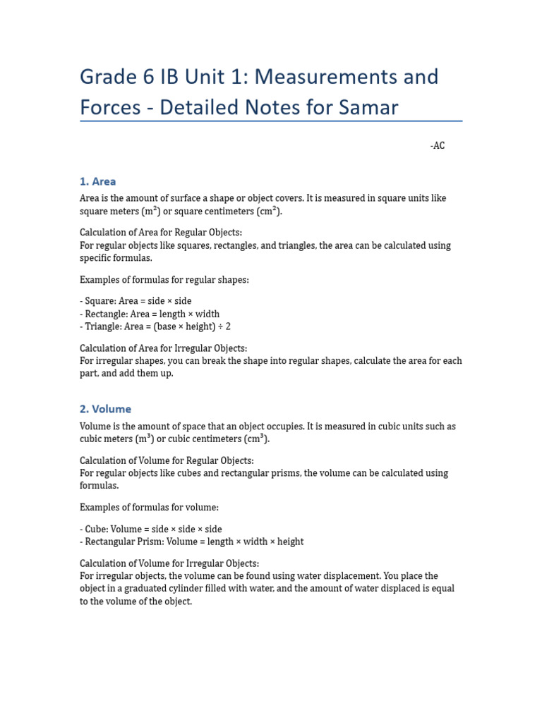 Grade - 6 - IB - Measurements - and - Forces - Notes 2 | PDF | Volume ...