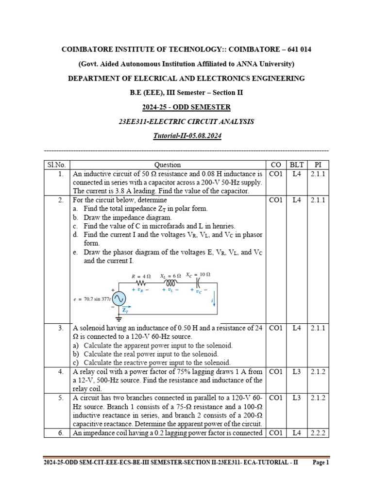 2024 25 Odd Sem Cit Eee Ecs Be III Semester Section II 23ee311 Eca Tutorial II | PDF | Ac Power ...