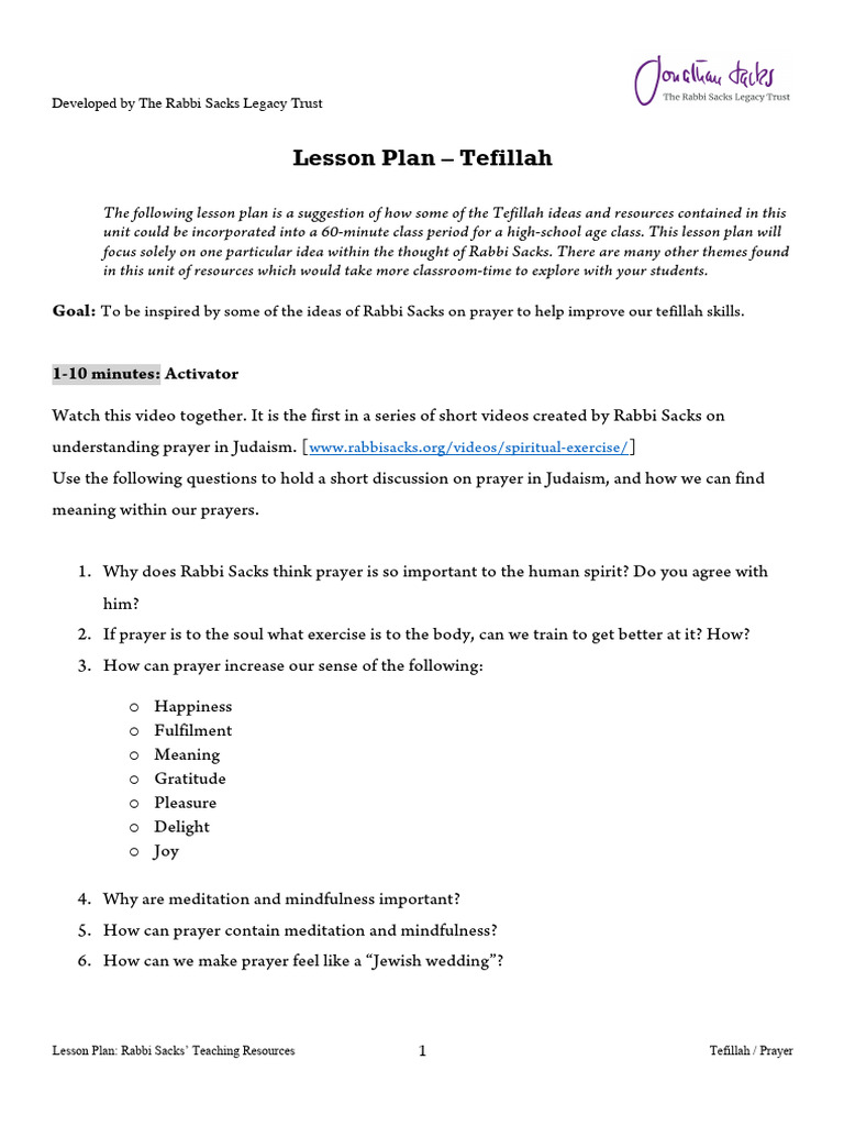 Tefillah Unit 1 Hour Lesson Plan | PDF | Jewish Prayer | Prayer