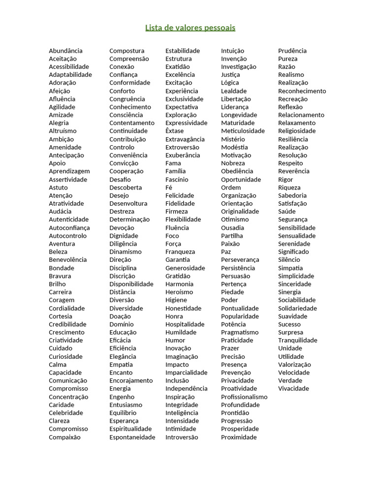 Lista de Valores Pessoais | PDF | Virtude | Psicologia