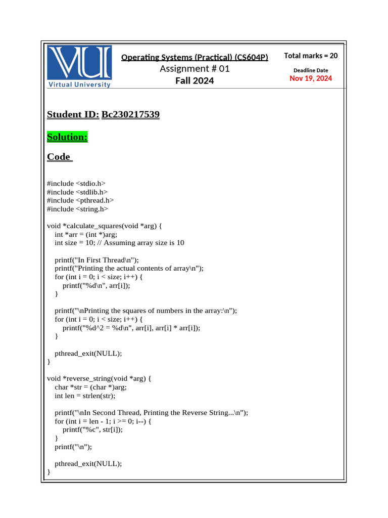 Student ID: Bc230217539 Solution: Code: Assignment # 01 | PDF