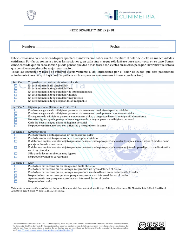 NDI. Neck Disability Index | PDF
