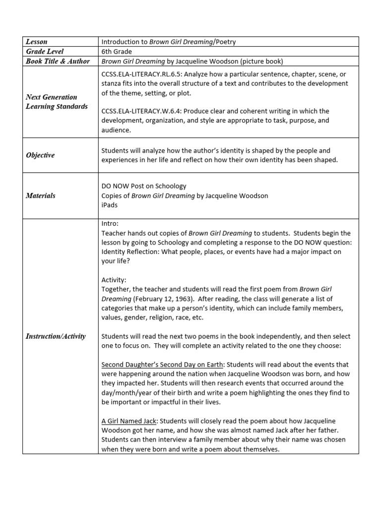 Lesson Plans for Brown Girl Dreaming | PDF | Learning | Human Communication