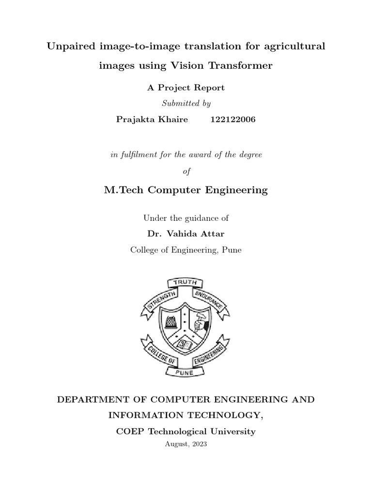 Khaire, Prajakta Unpaired Image To Image Translation Using Vision Transformer | PDF | Artificial ...