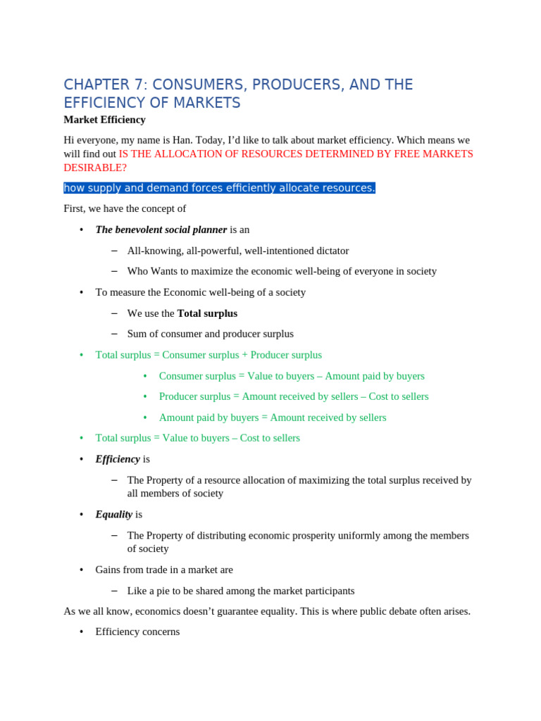 Market Efficiency: Consumers and Producers | PDF | Market (Economics ...