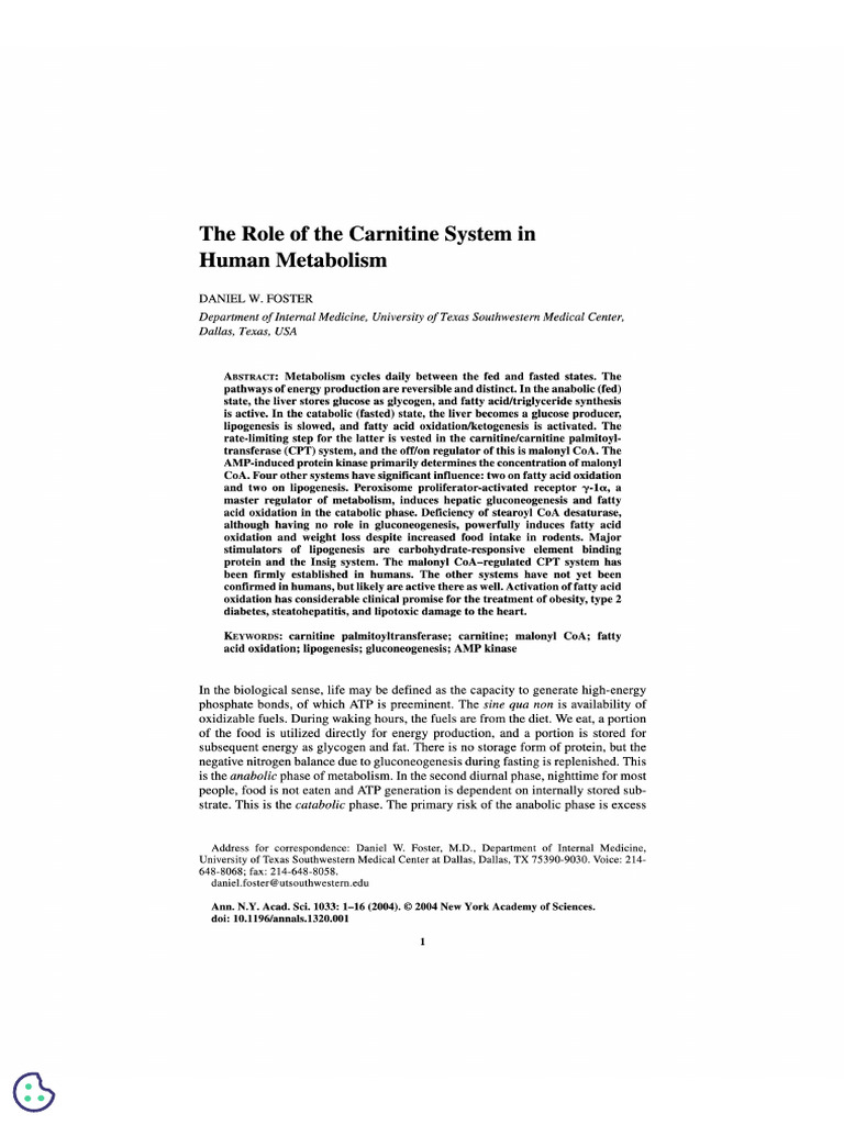 The Role of The Carnitine System in Human Metabolism | PDF