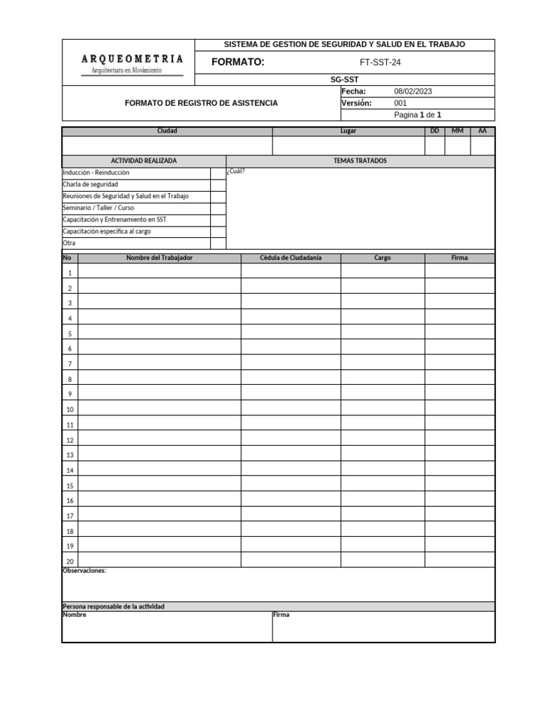 FT-SST-015 Formato de Registro de Asistencia | PDF