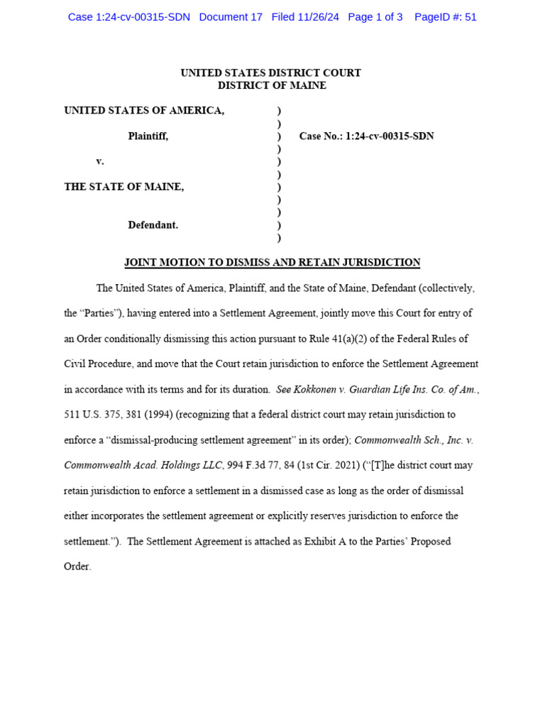 U.S. vs. State of Maine Settlement | PDF | Settlement (Litigation ...