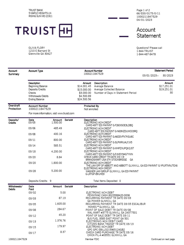 Truist Bank Statement for March 2023 | PDF | Debit Card | Payments