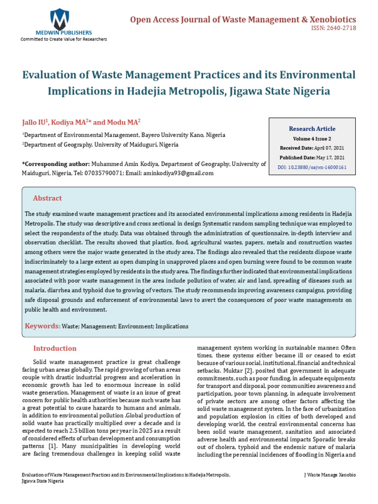 Evaluation of Waste Management Practices and Its Environmental ...