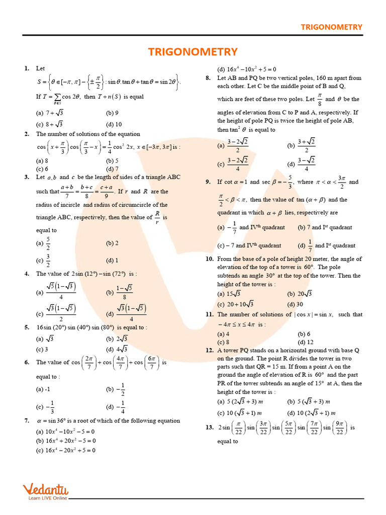 JEE Main Trigonometry Practice Paper With Solutions Download PDF | PDF ...