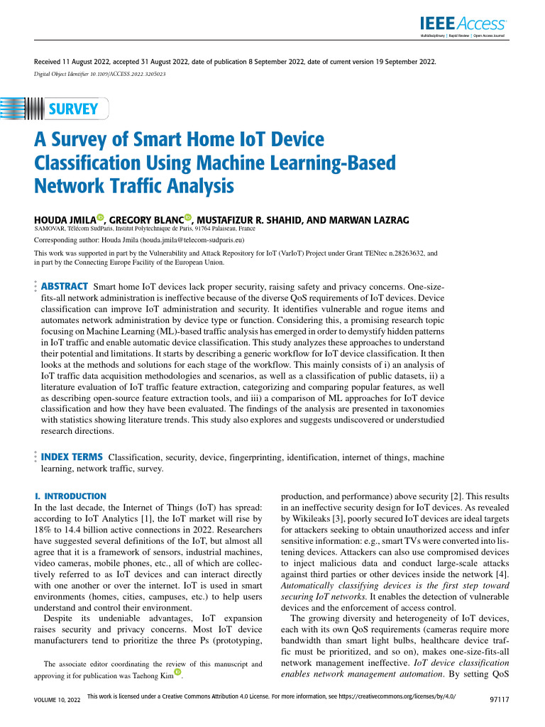 A Survey Of Smart Home Iot Device Classification Using Machine Learning