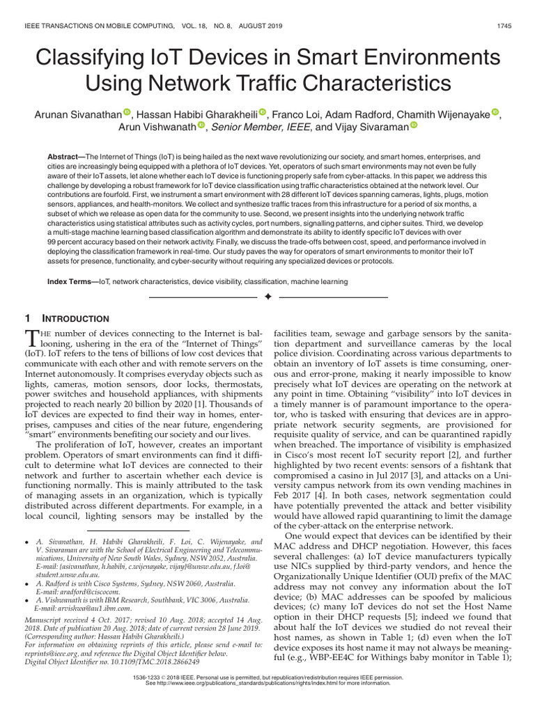 Classifying IoT Devices in Smart Environments Using Network Traffic Characteristics | PDF ...