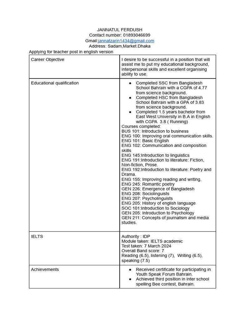 jannat cv | PDF | International English Language Testing System | Human ...