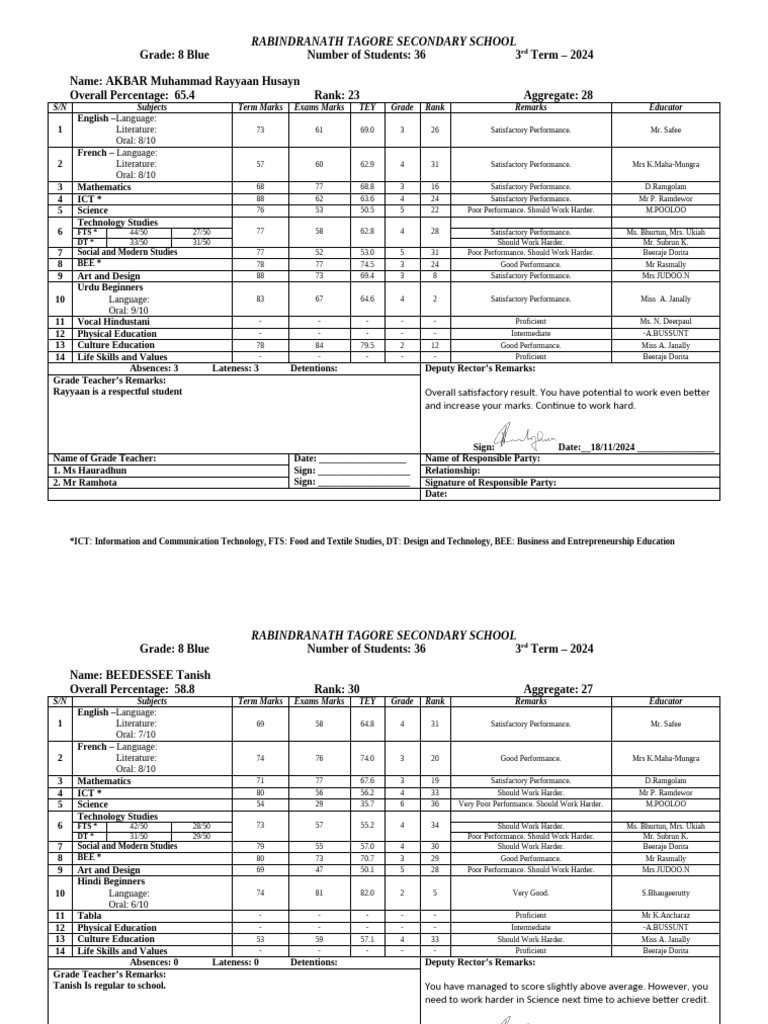 Grade 8 Term 3 Performance Summary | PDF | Information And ...