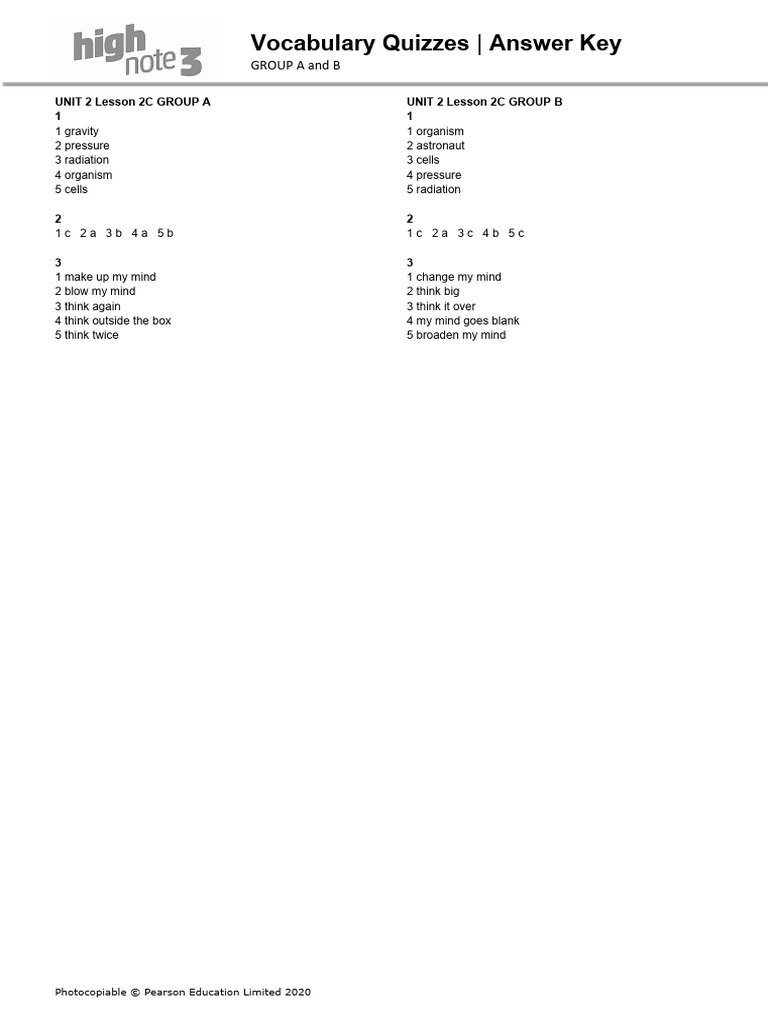 HighNote3 Vocabulary Quizz Unit02 GroupA B ANSWERS | PDF