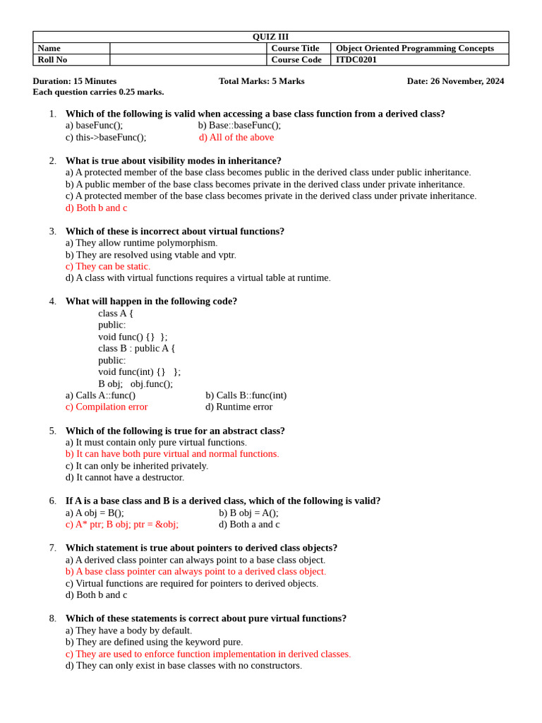 QUIZ III SET 1 Solution | PDF | Inheritance (Object Oriented ...