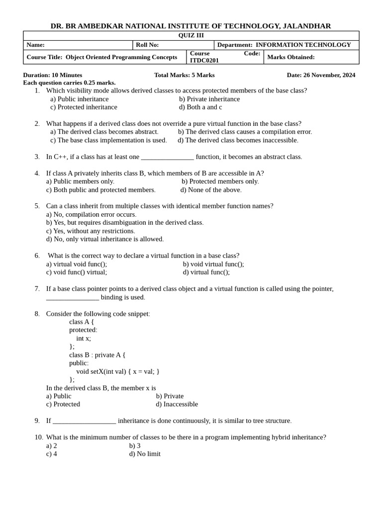 Quiz Iii Set 2 Final | PDF | Class (Computer Programming) | Inheritance ...