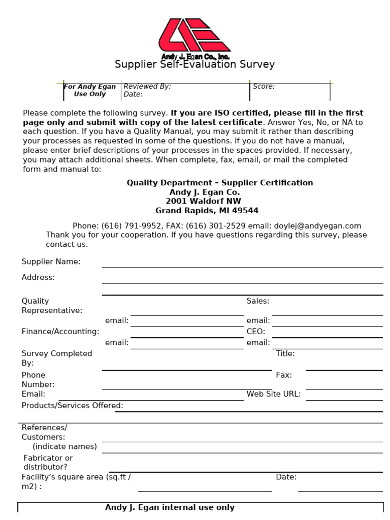 Supplier Self-Evaluation Survey Form | PDF | Calibration | Quality ...