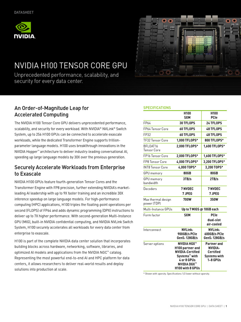 Nvidia h100 Datasheet 2287922 Web | PDF | Graphics Processing Unit | Computer Hardware