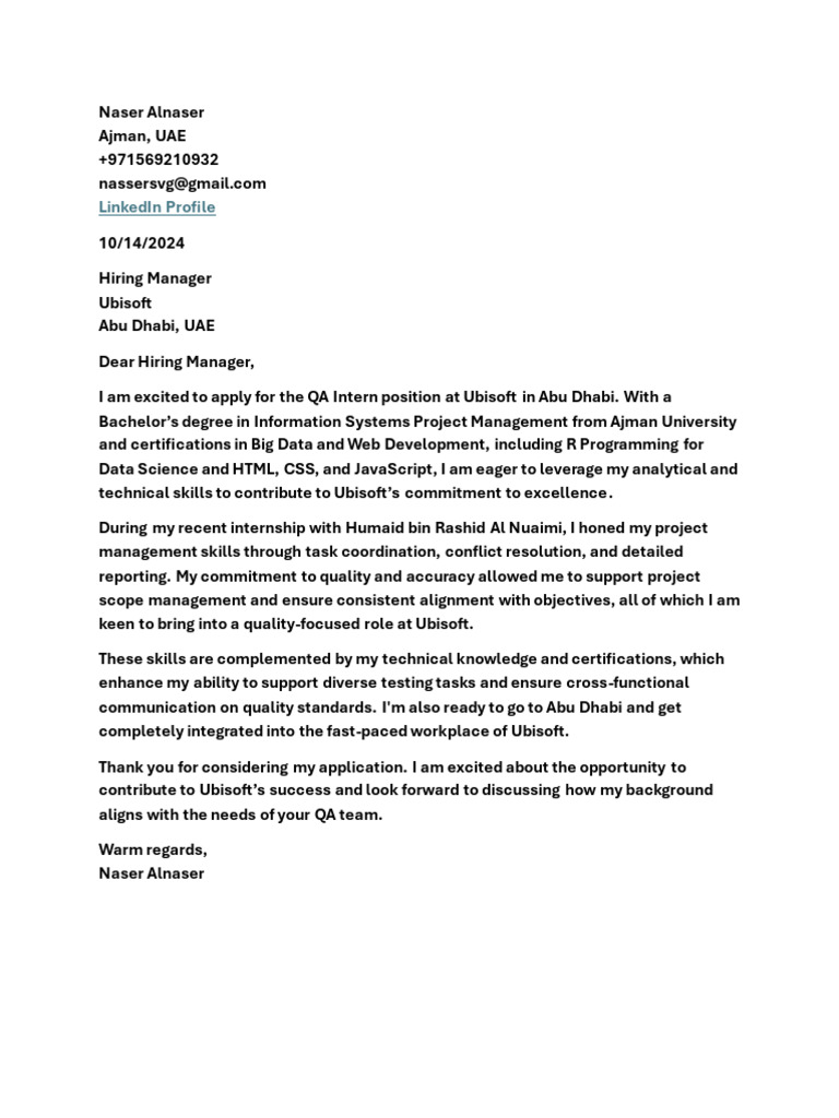 Cover Letter Ubisoft | PDF