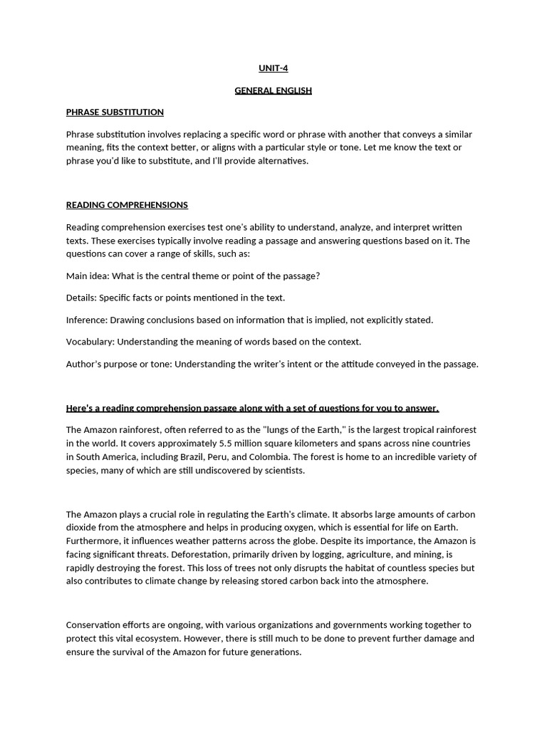 Unit-4 English | PDF | Amazon Rainforest | Reading Comprehension