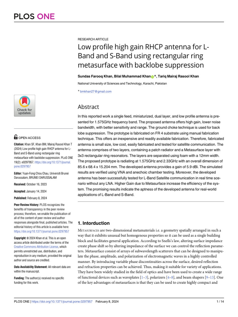 Low Profile High Gain RHCP Antenna For L-Band and | PDF | Antenna (Radio) | Polarization (Waves)