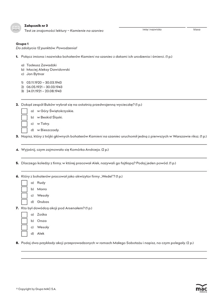 Test Ze Znajomosci Lektury Kamienie Na Szaniec Grupa 1 | PDF