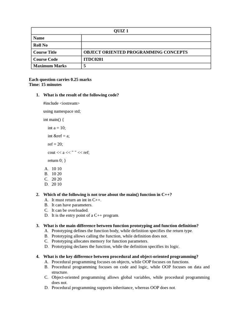 FINAL QUIZ 1 OOPC | PDF | Computer Programming | Object Oriented ... FINAL QUIZ 1 OOPC | PDF | Computer Programming | Object Oriented ...