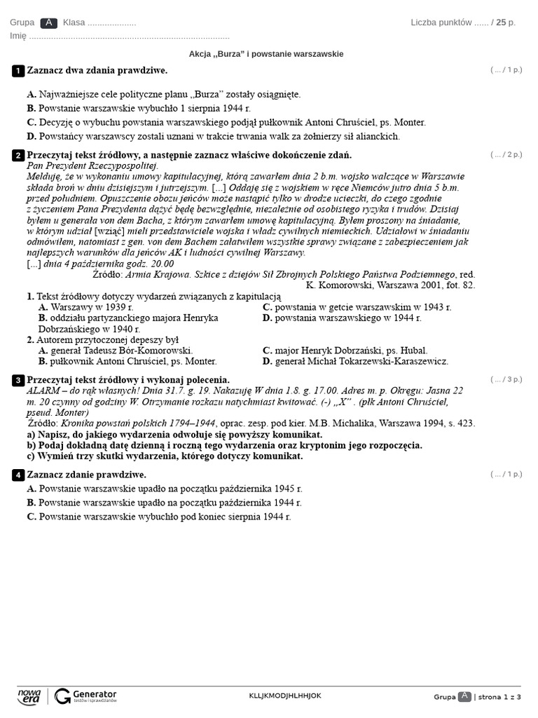Akcja ,,burza" I Powstanie Warszawskie Test (Z Widoczną Punktacją) | PDF