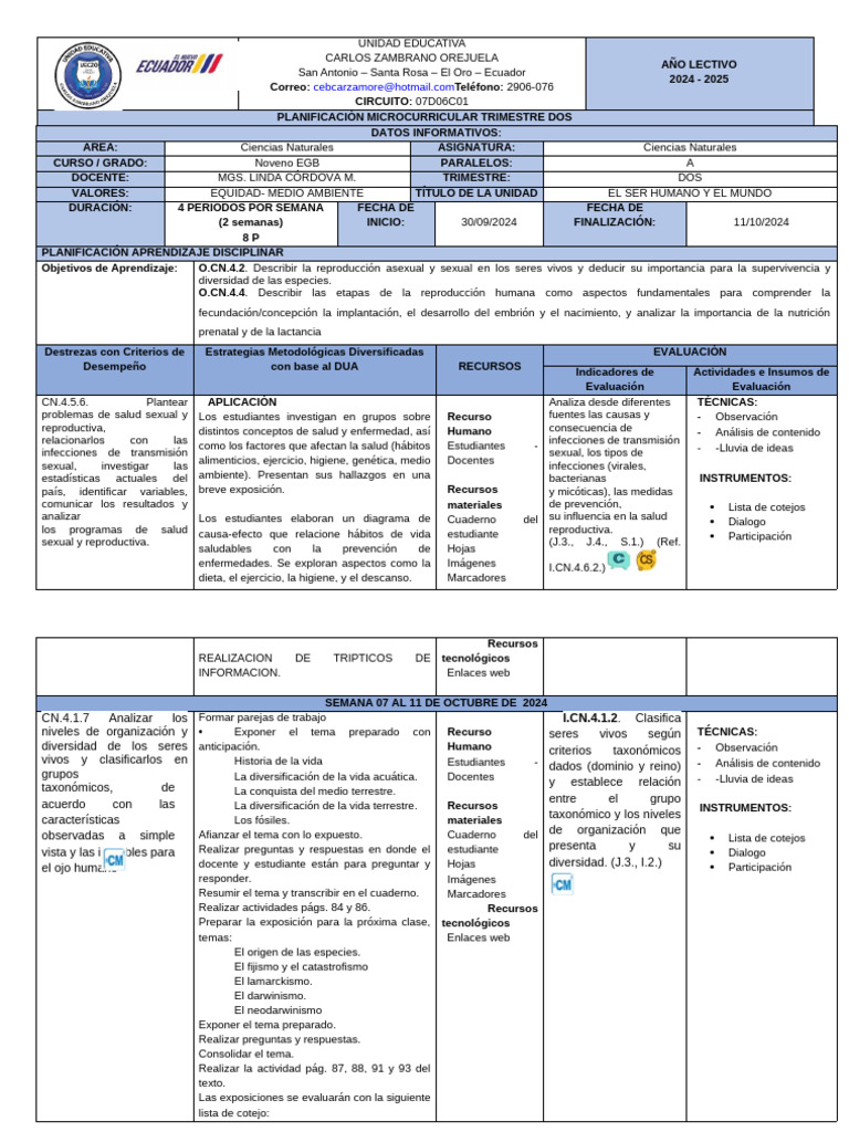 PLANIFICACIÓN MICRO - DUA .... CCNN - Noveno 3 | PDF | Reproducción | Evaluación